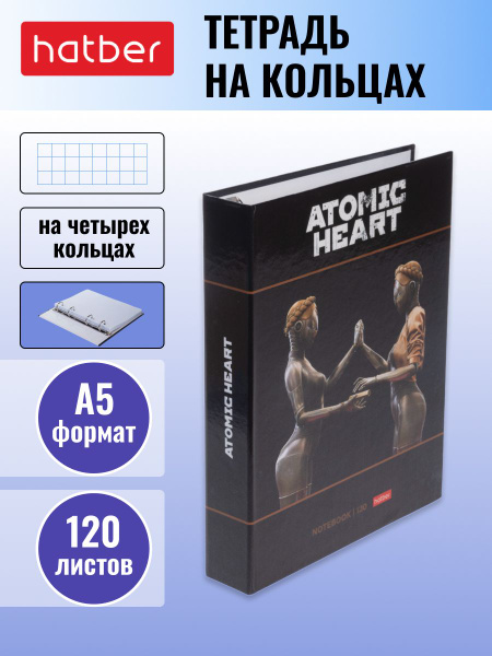 Тетрадь со сменным блоком Hatber 120 листов, формата А5, в клетку, на четырех кольцах, глянцевая ...