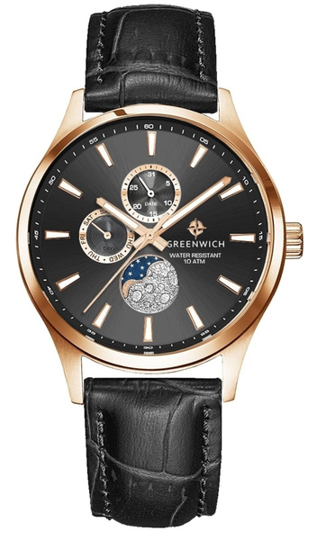 Английские кварцевые часы Greenwich Moon Walker GW 058.41.31 на кожанном браслете, с водозащитой ...