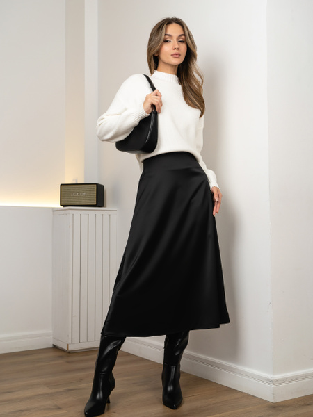 Юбка Женский Lefira черный Атлас прямая, размер 46 Резинка Миди Однотонный На любой сезон ...