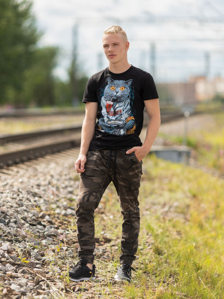 Футболка Мужской KyKy wear черный Короткий, размер 60, 68 Хлопок Анималистический прямой ...