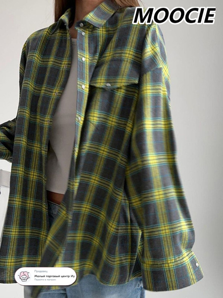 Рубашка Женский зеленый Длинный Хлопок Полиэфирное волокно Геометрический Клетка размер 42