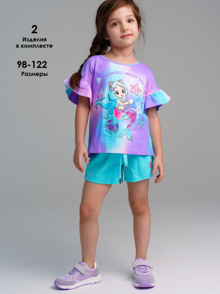 Комплект одежды Девочки PlayToday Повседневный голубой, фиолетовый, размер 104 Трикотаж Логотип ...