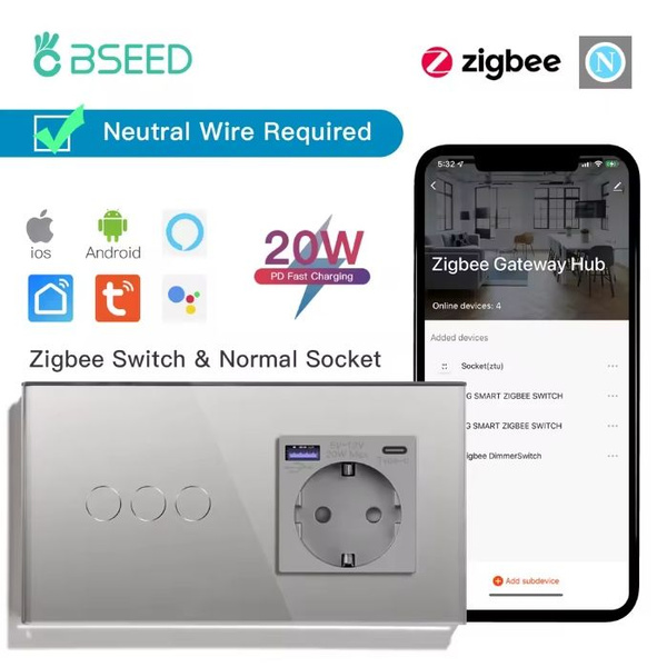 Сенсорный выключатель Zigbee с розеткой с USB и type-C,1/2/3 клавиши 1 розетка, быстрая зарядка ...