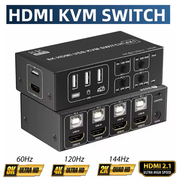 Переключатель KVM Switch 4 USB/4 HDMI DK104v2 поддержка 8К/60HZ, 4K/120HZ, HDMI 2.1, HDCP 2.3 ...
