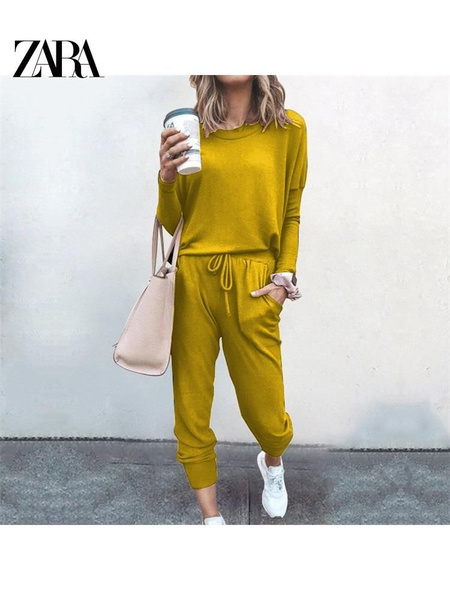 Комплект одежды Женский Zara Повседневный желтый, размер 48 Хлопок Однотонный, рост 155-185 ...