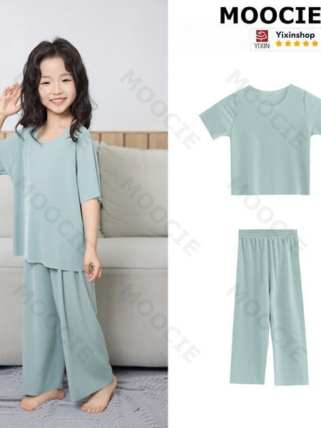 Пижама Девочки MOOCIE Политекс, размер 150 Однотонный зеленый Короткий Китай Манжеты, Воротник ...