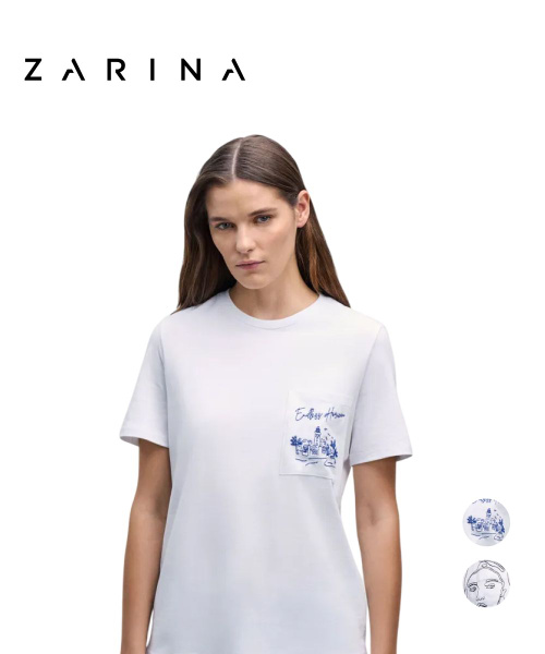 Футболка Женский Zarina белый Короткий, размер 44 Однотонный прямой Вышивка Повседневный Китай ...