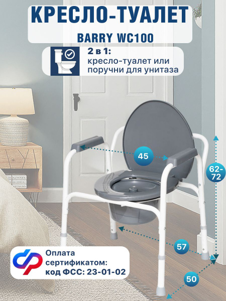 Кресло-туалет Barry WC100 для взрослых пожилых и инвалидов, кресло-стул медицинский с санитарным ...