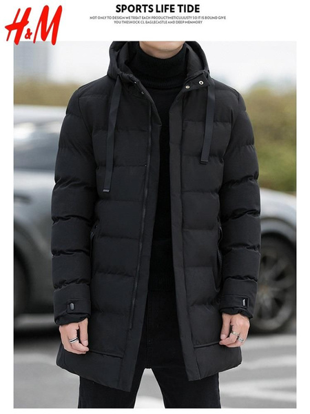 Пуховик Мужской H&M Карманы черный лацканы Хлопок, размер 50 Длинный Зима облегающий Пух-перо ...
