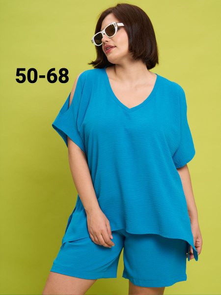 Блузка Женский SPARADA синий Жатка Разрезы Короткий Однотонный, размер 54, 56 свободный Без ...