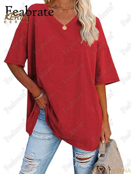 Футболка Женский KERNA красный Средний, размер 52, 54 Хлопок Однотонный оверсайз Повседневный ...