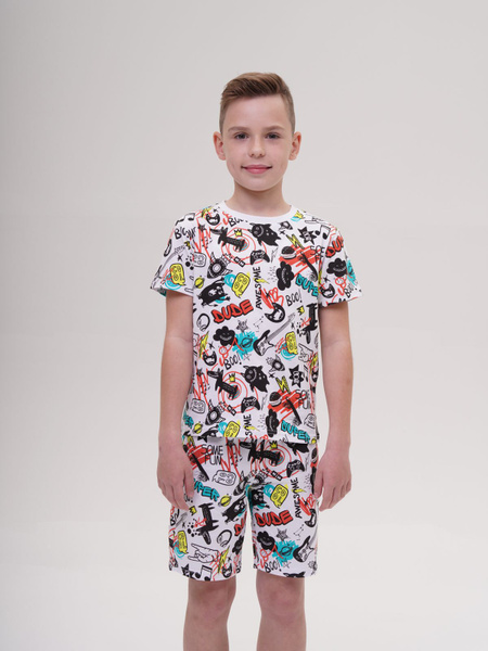 Пижама Мальчики Kari с брюками Хлопок, размер 152 Надписи приглушенно-белый Короткий Китай ...