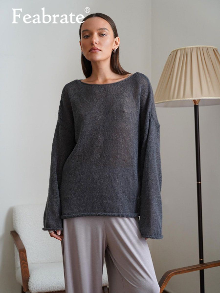 Джемпер Женский Feabrate темно-серый Полиэстер FR, размер 46 трапеция Длинный Китай прозрачная ...