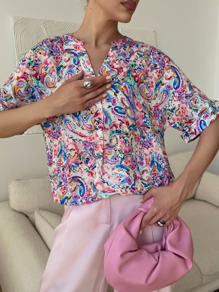 Блузка Женский HELLO MODA! белый, розовый Хлопок Короткий Цветочный, размер 48, 50 свободный ...