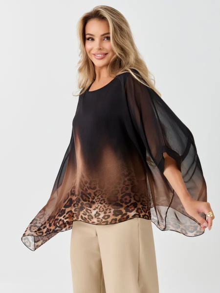 Блузка Женский Gella style черный Шифон Три четверти Однотонный, размер 44, 46 оверсайз Без ...