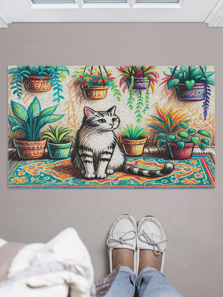 Коврик придверный JoyArty книги, череп, свечи, животные, кошка, надпись, космос, луна, огурцы ...