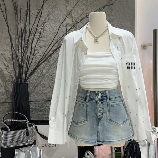 Рубашка Женский Miu Miu белый Длинный Полиэфирное волокно Карманы Однотонный Логотип размер 44