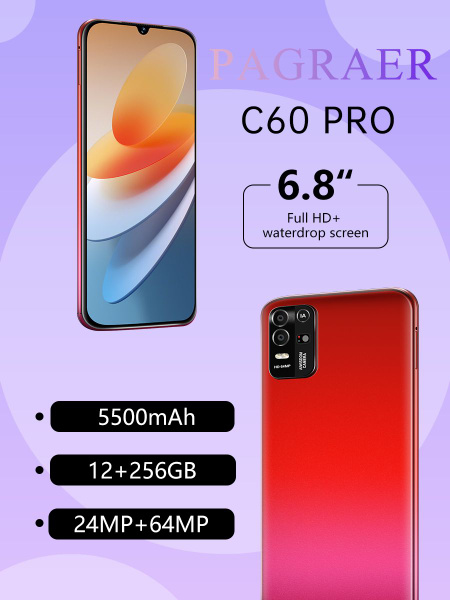 Смартфон PAGRAER C60 Pro 512 ГБ 12 ГБ Красный 6.8 OLED/AMOLED C60 Pro ...