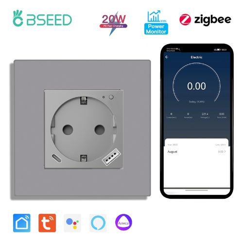 Розетка Zigbee с USB и Type-C 20W быстрой зарядкой, с мониторинг потребления , управление с ...