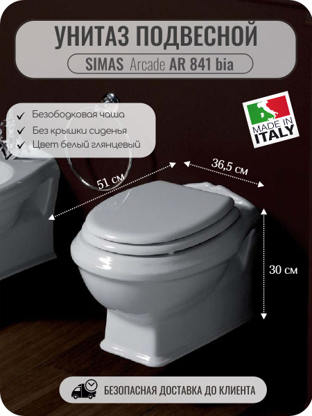 Унитаз подвесной, безободковый SIMAS ARCADE AR 841 bia, без крышки сидения/ белый купить на OZON ...