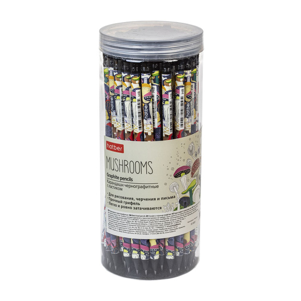 Карандаш чернографитный Hatber круглый корпус 72шт. Mushrooms Ассорти "HB" с ластиком заточенные ...