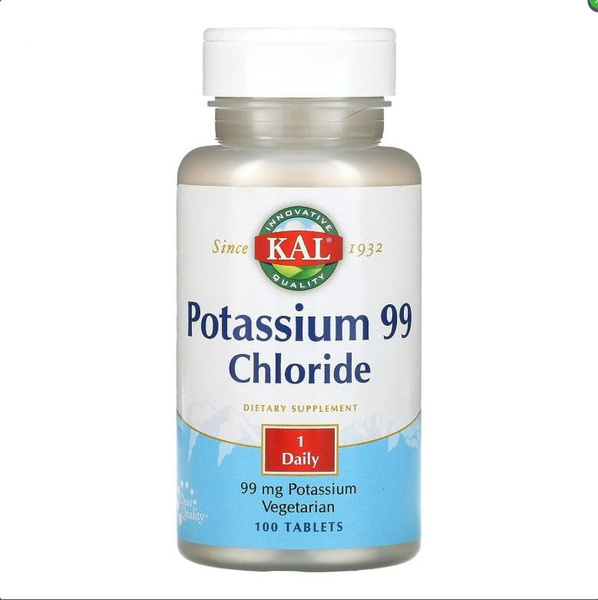 Калий (из хлорида калия) KAL Potassium 99 Chloride, 99 мг, 100 таблеток ...