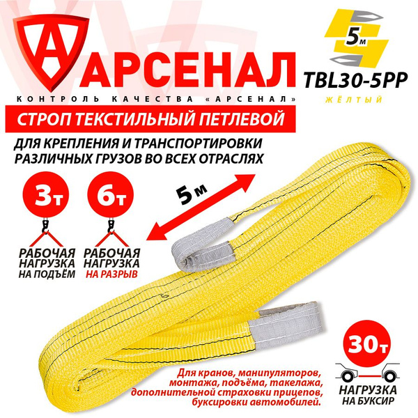 Строп текстильный петлевой 5 метров; Раб. нагрузка на подъём-3т/на ...