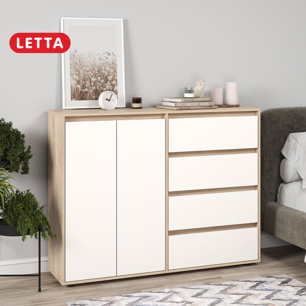 Комод LETTA City Plus_4_Дуб Сонома, белый гладкий, 140x40x108 см, 4 ящ ...