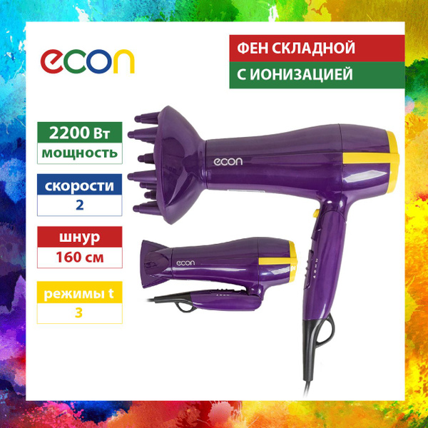 Профессиональный фен ECON ECO-BH221D для быстрой укладки с бережной к ...