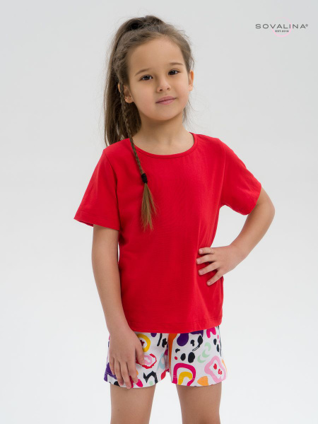 Комплект одежды Девочки SOVAlina Повседневный, Домашний красный, белый, размер 134 Трикотаж ...