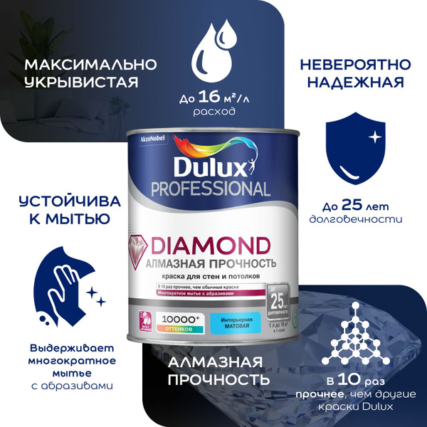 Краска DULUX DIAMOND АЛМАЗНАЯ ПРОЧНОСТЬ_BW Гладкая, Акриловая, Матовое ...