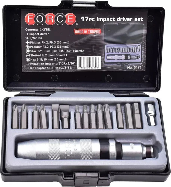 Отвертка ударная с комплектом насадок 17пр. FORCE - купить в интернет ...