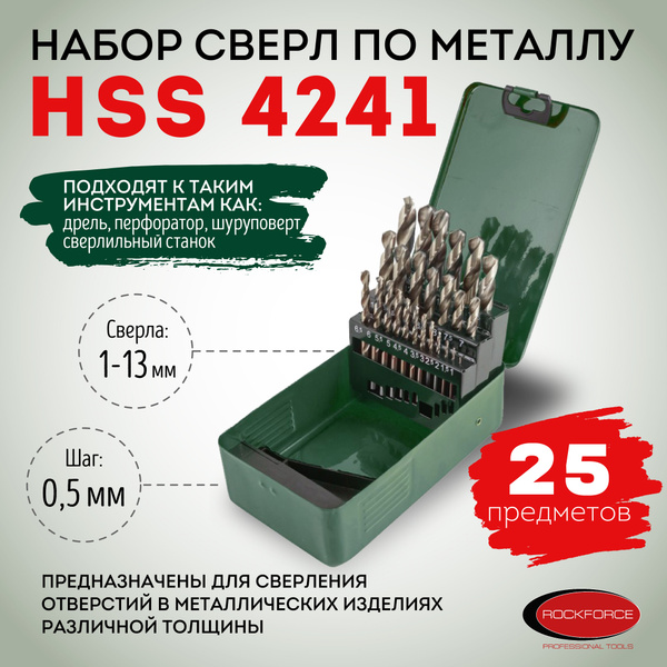 Набор сверл по металлу HSS 4241,25пр(1-13мм, шаг 0.5мм), в метал. футляре Rock FORCE RF-924U25 ...