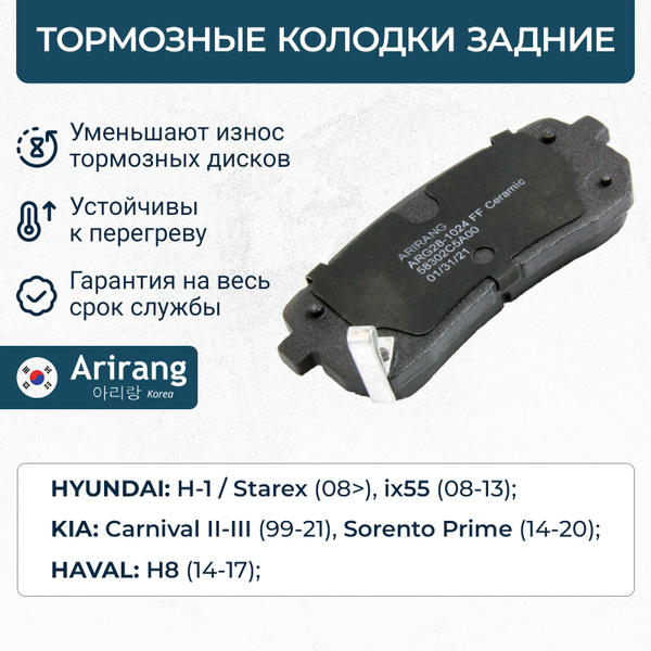 Колодки тормозные задние дисковые Kia Sorento Prime, Hyundai H1, Haval ...