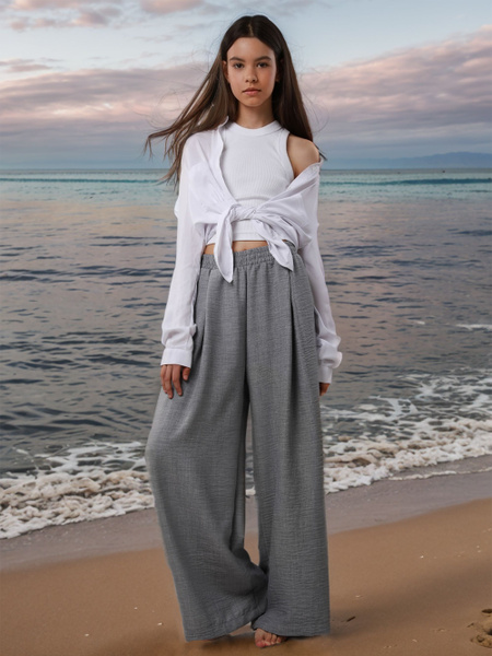 Брюки Девочки MamiDreams палаццо, широкие серый, серый меланж Вискоза, Полиэстер Пляжный, размер ...