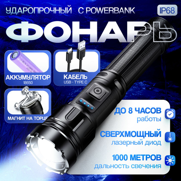 Ручной фонарь мощный светодиодный, фонарик ударопрочный тактический ...