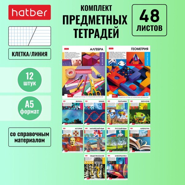 Комплект предметных тетрадей 12 штук Hatber 48 листов, с интерактивной справочной информацией ...