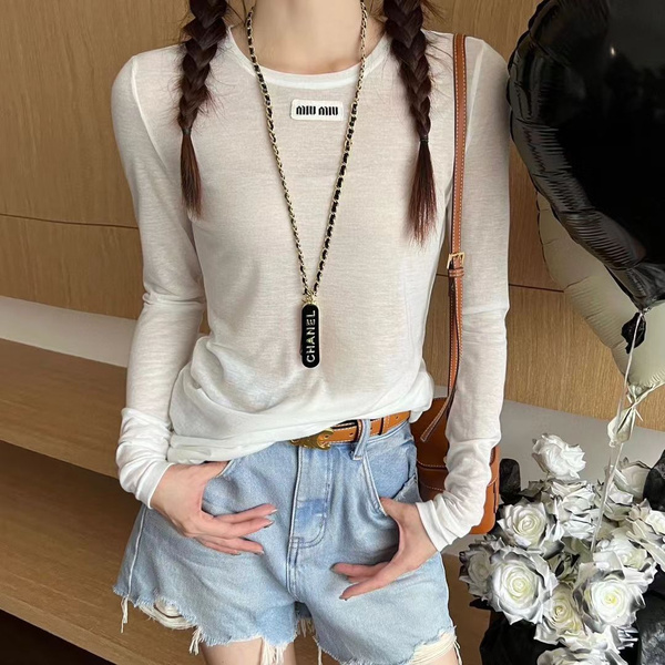 Лонгслив Женский Miu Miu белый Длинный размер 46 Хлопок Воротник Легкая атлетика облегающий