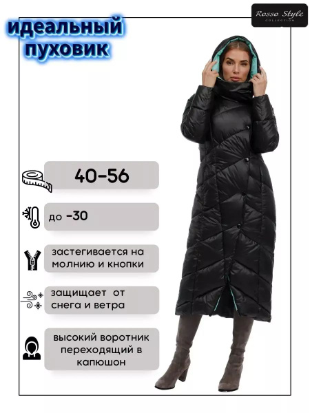 Пуховик Женский Rosso Style черный матовый капюшон Плащевка, размер 48 Длинный Зима Био-пух ...