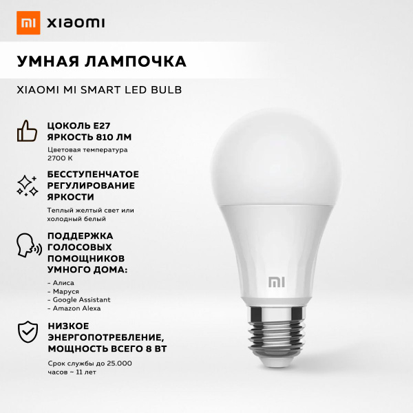Умная лампочка Xiaomi Mi Smart LED Bulb (GPX4026GL) (подарок на новый ...