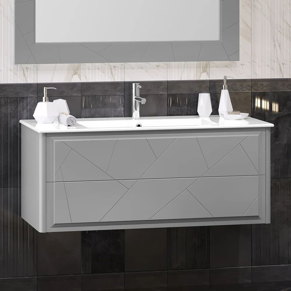 Тумба с раковиной Opadiris Луиджи 120 подвесная, 121 см, из МДФ, серая, из фаянса, с ящиками ...