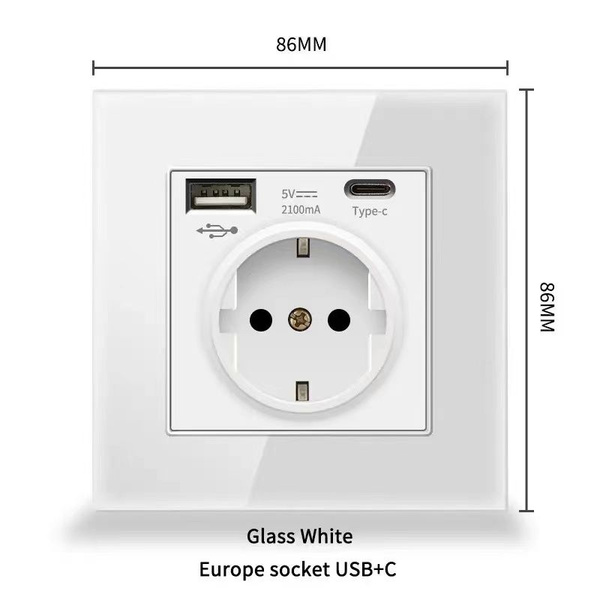 Розетка, USB/TYPE-C связь, 1 колонна 16A, рама 86x86, 5 вольт, 2,1 A ...
