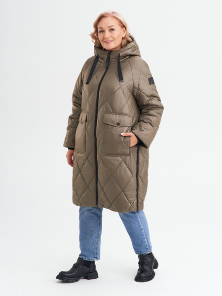 Парка Женский Elfina Кнопки, Молния хаки Полиэстер, размер 44 Длинный Еврозима прямой Синтепон ...