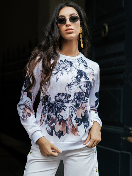 Свитшот Женский SAHAR art lab белый, черный Без застежки Интерлок, размер 52 свободный Длинный ...