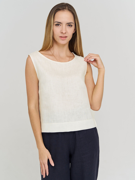 Топ Женский TRANGO молочный, размер 48 Лен Без рукавов Повседневный Россия свободный Без ...