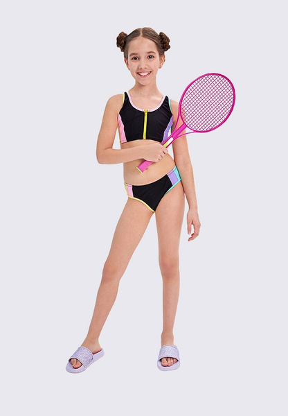 Купальник раздельный Девочки OLDOS черный Пляжный, размер 122 SUP-серфинг, Аквааэробика Высокая ...