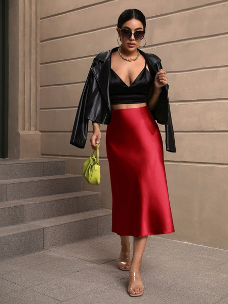 Юбка Женский BLACK KOSMOS красный Атлас прямая, карандаш, размер 40 Молния Миди Однотонный Танцы ...