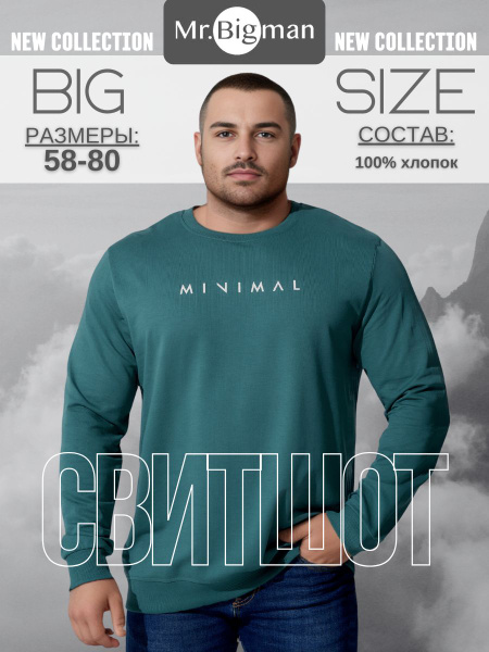Свитшот Мужской MR. BIGMAN Манжеты изумрудный Без застежки Хлопок, размер 68 прямой Длинный ...