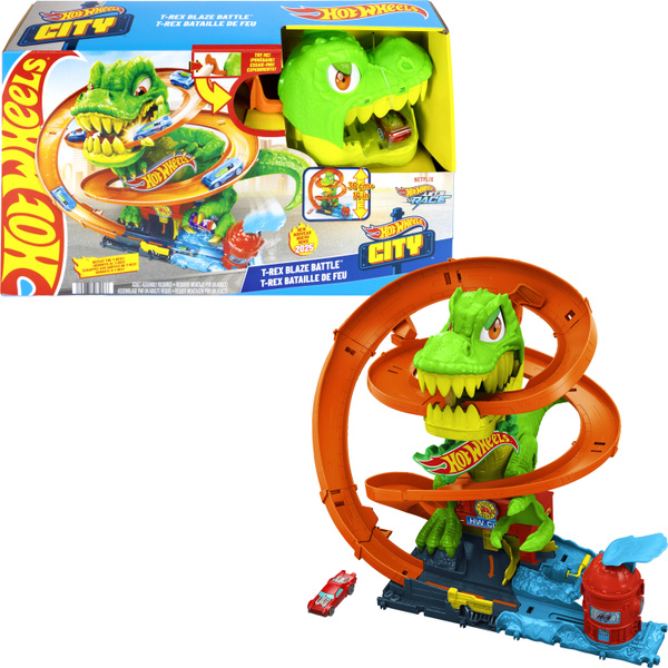 Hot Wheels City T-Rex Blaze Battle Playset и литая машинка в масштабе 1 ...