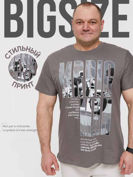 Футболка Мужской MR. BIGMAN темно-серый Короткий, размер 60 Хлопок Буквы и цифры прямой ...